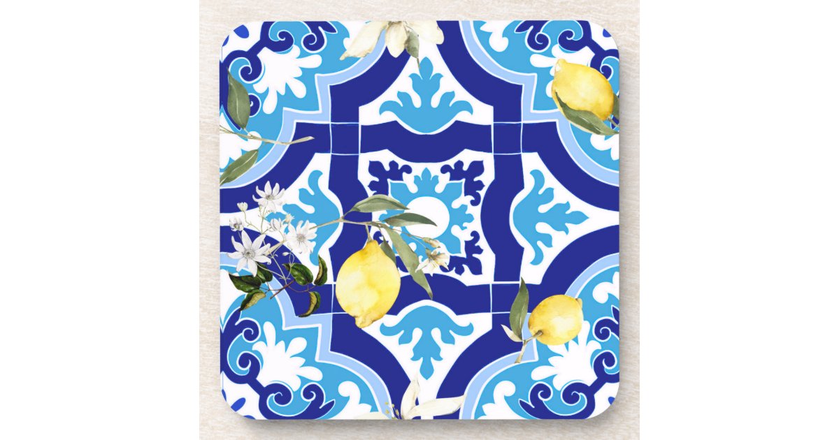 Mediterranean tiles,blue tiles,lemon, beverage coaster | Zazzle
