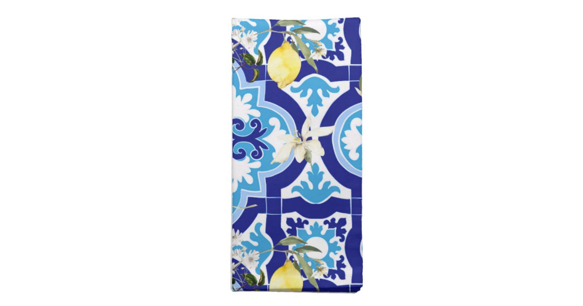 Mediterranean tiles,blue tiles,lemon, cloth napkin | Zazzle