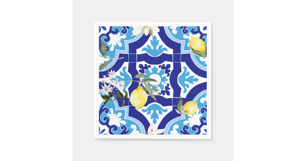 Mediterranean tiles,blue tiles,lemon, napkins | Zazzle