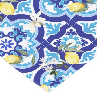 Mediterranean tiles,blue tiles,lemon, short table runner | Zazzle