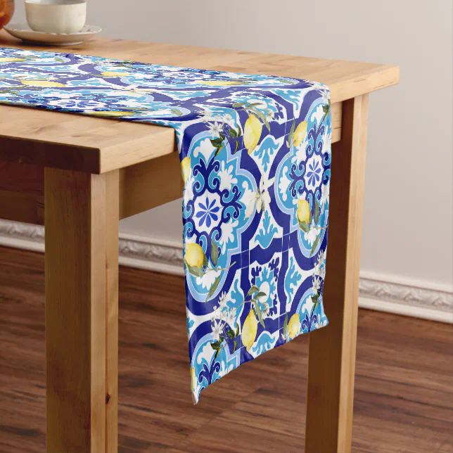 Mediterranean tiles,blue tiles,lemon, short table runner | Zazzle