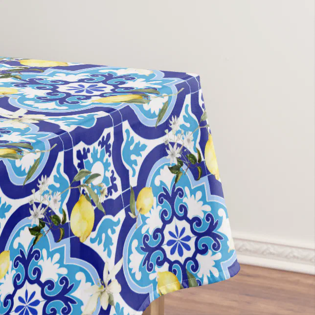 Mediterranean tiles,blue tiles,lemon, tablecloth | Zazzle