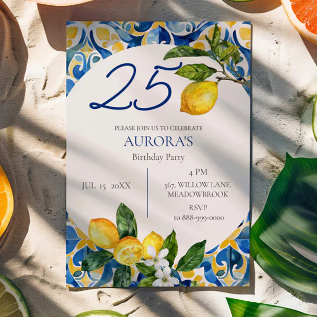 Mediterranean Tiles Lemon 25th Any Age Birthday Invitation | Zazzle