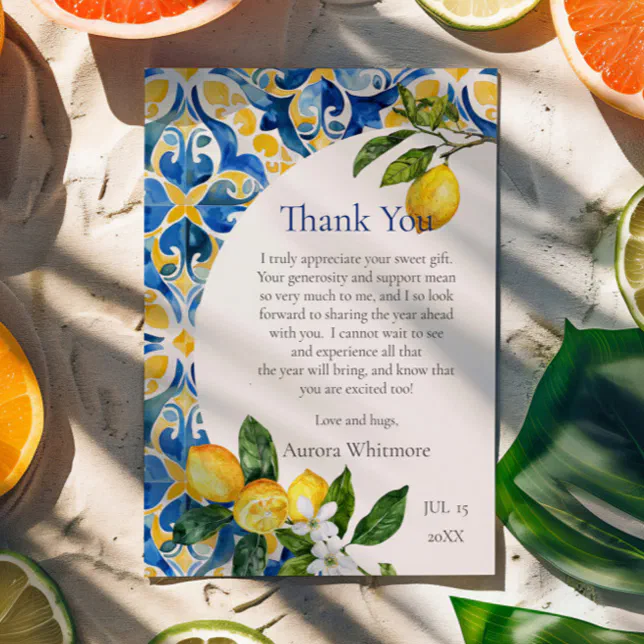 Mediterranean Tiles Lemon 25th Birthday Thank You Card | Zazzle