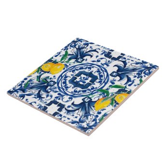 Mediterranean tiles,majolica,blue tiles,lemons ceramic tile | Zazzle