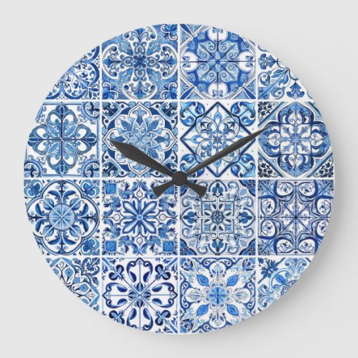 Mediterranean Tiles, Portugese, Azulejo, Majolica Large Clock | Zazzle