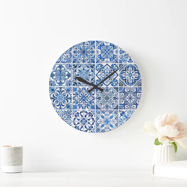 Mediterranean Tiles, Portugese, Azulejo, Majolica Large Clock | Zazzle