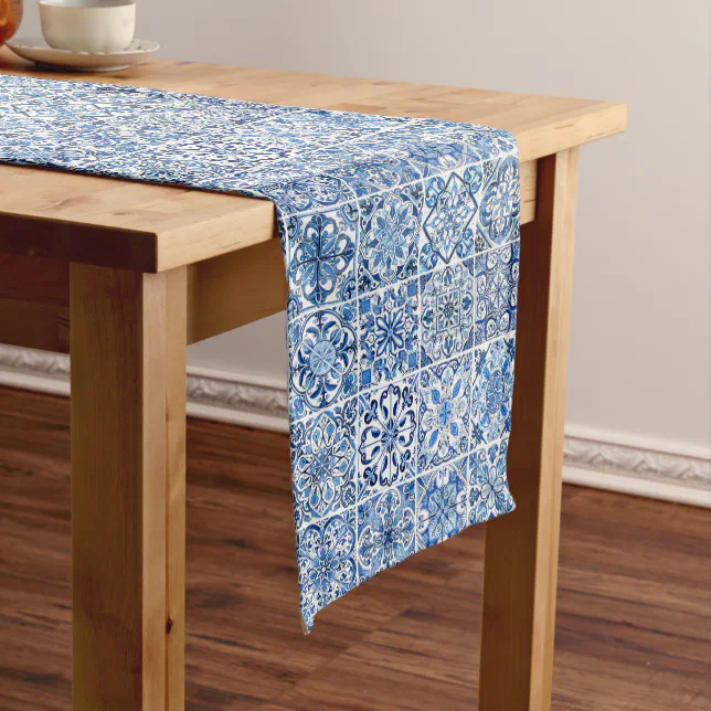 Mediterranean Tiles, Portugese, Azulejo, Majolica Medium Table Runner | Zazzle