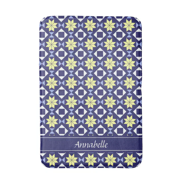 Mediterranean Yellow Blue Floral Tile Pattern Name Bath Mat | Zazzle