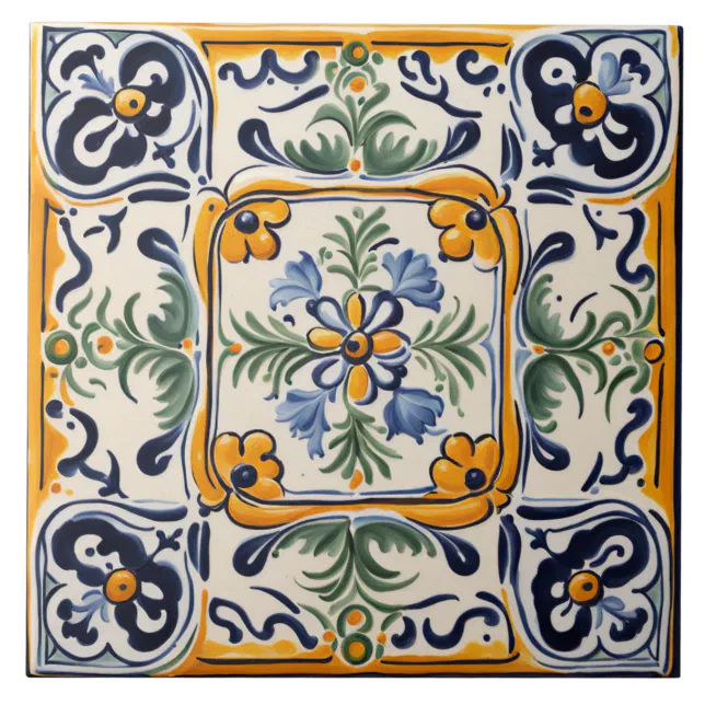 Mediterranean Yellow & Blue Flower Folk Art Floral Ceramic Tile | Zazzle