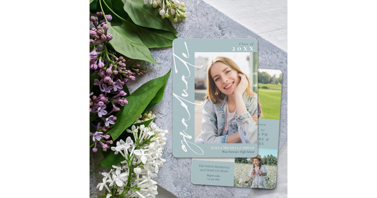 Medium Blue White Calligraphy Photo Graduation Invitation | Zazzle
