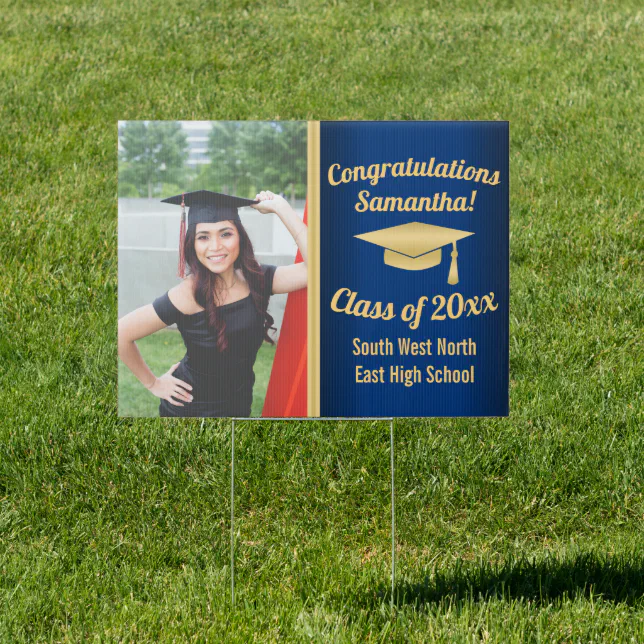 Medium/Large Blue Gold Photo Graduation Sign | Zazzle