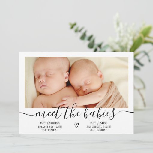 Meet babies script heart 3 photo baby twins birth announcement | Zazzle