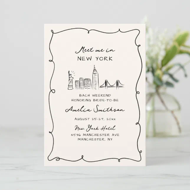 Meet Me In New York Hand Drawn Chic Bachelorette Invitation | Zazzle