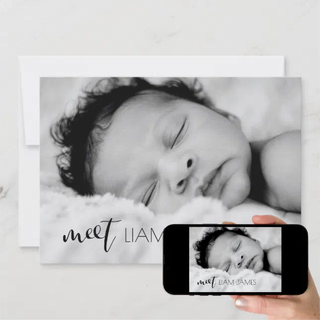 Meet Script Custom Photo Collage Baby Boy Birth Announcement | Zazzle