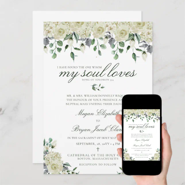 Megan White Flowers & Greenery Catholic Wedding Invitation | Zazzle