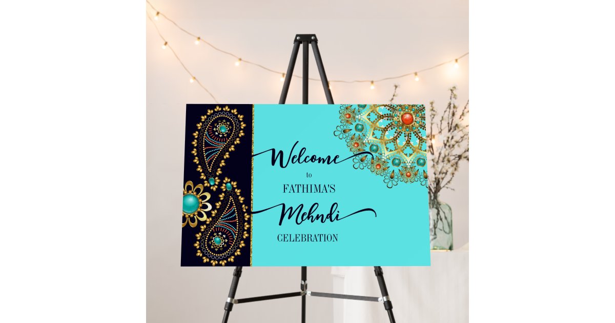 Mehndi blue teal gold jewelry paisley welcome sign | Zazzle