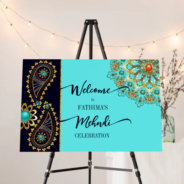 Mehndi blue teal gold jewelry paisley welcome sign | Zazzle