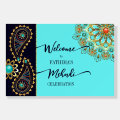 Mehndi blue teal gold jewelry paisley welcome sign | Zazzle