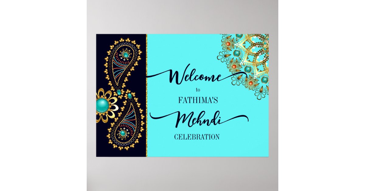 Mehndi blue teal gold jewelry paisley welcome sign | Zazzle