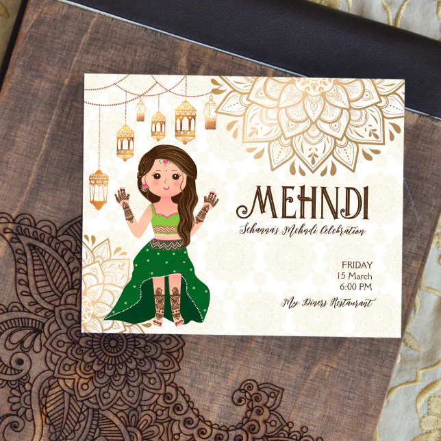 Mehndi budget invite with cute Indian henna bride | Zazzle