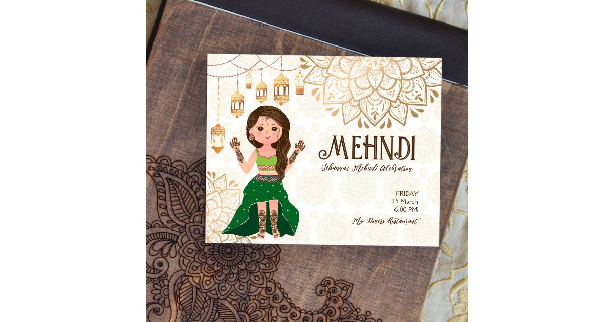 Mehndi budget invite with cute Indian henna bride | Zazzle