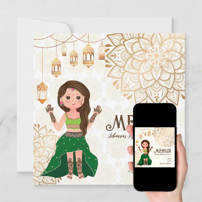 Mehndi budget invite with cute Indian henna bride | Zazzle