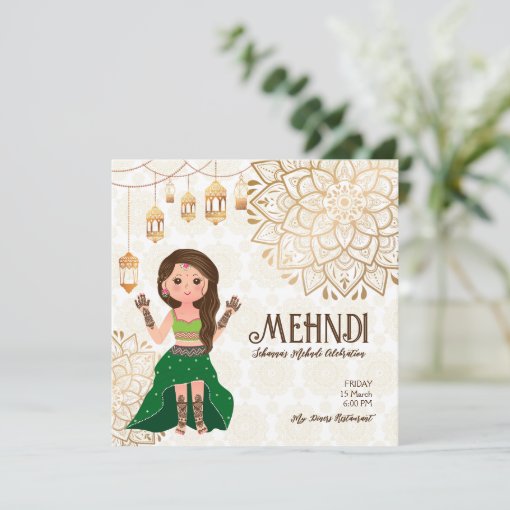 Mehndi budget invite with cute Indian henna bride | Zazzle