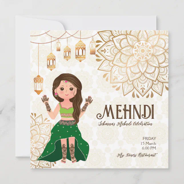 Mehndi budget invite with cute Indian henna bride | Zazzle