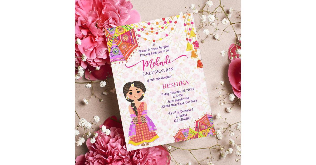 Mehndi cute Indian henna bride umbrella pink Invitation | Zazzle