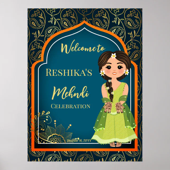 Mehndi Indian Arabian patterns design teal green Poster | Zazzle