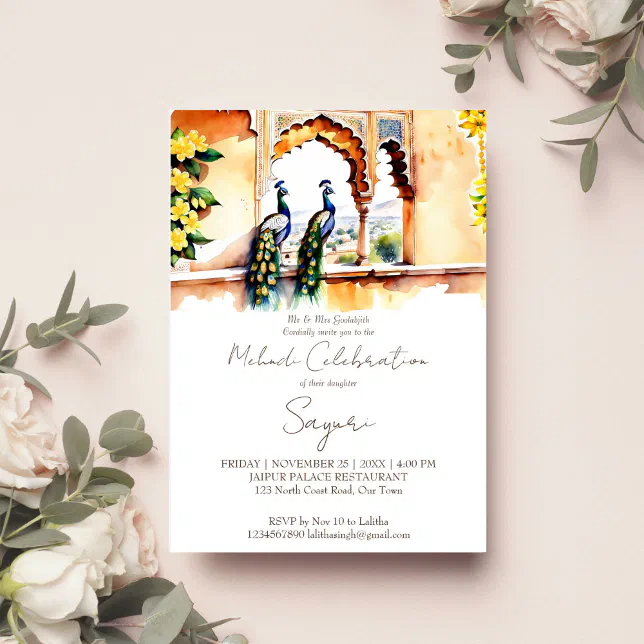 Mehndi Indian wedding peacocks at Jaipur palace Invitation | Zazzle