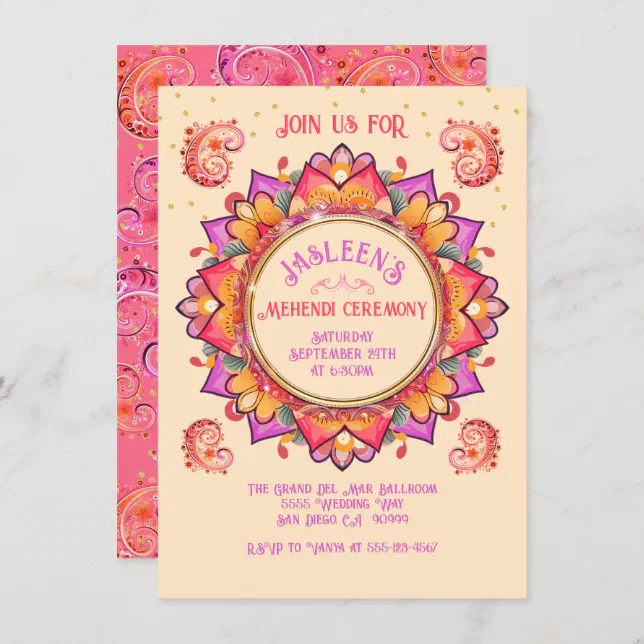 Mehndi Mandala Night Party Pink Gold Invitation | Zazzle