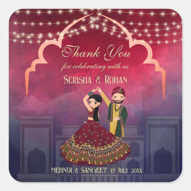 Mehndi Sangeet dancing couple dark blue custom Square Sticker | Zazzle