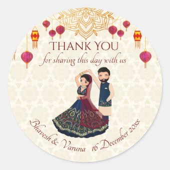 Mehndi & sangeet manadala and cute Indian couple Classic Round Sticker ...