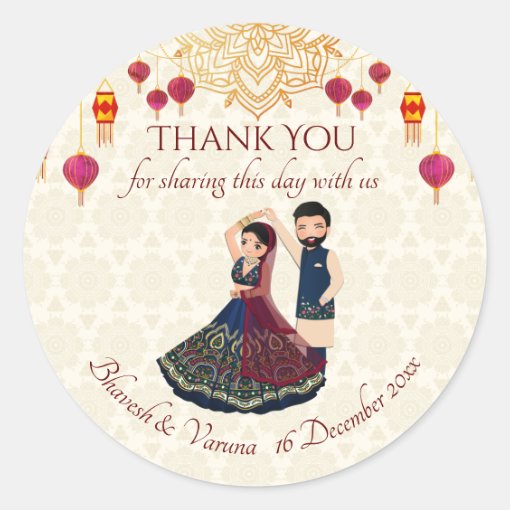 Mehndi & sangeet manadala and cute Indian couple Classic Round Sticker ...