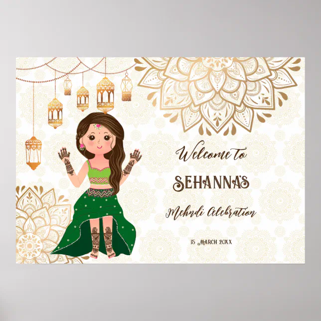 Mehndi welcome sign with cute Indian henna bride | Zazzle