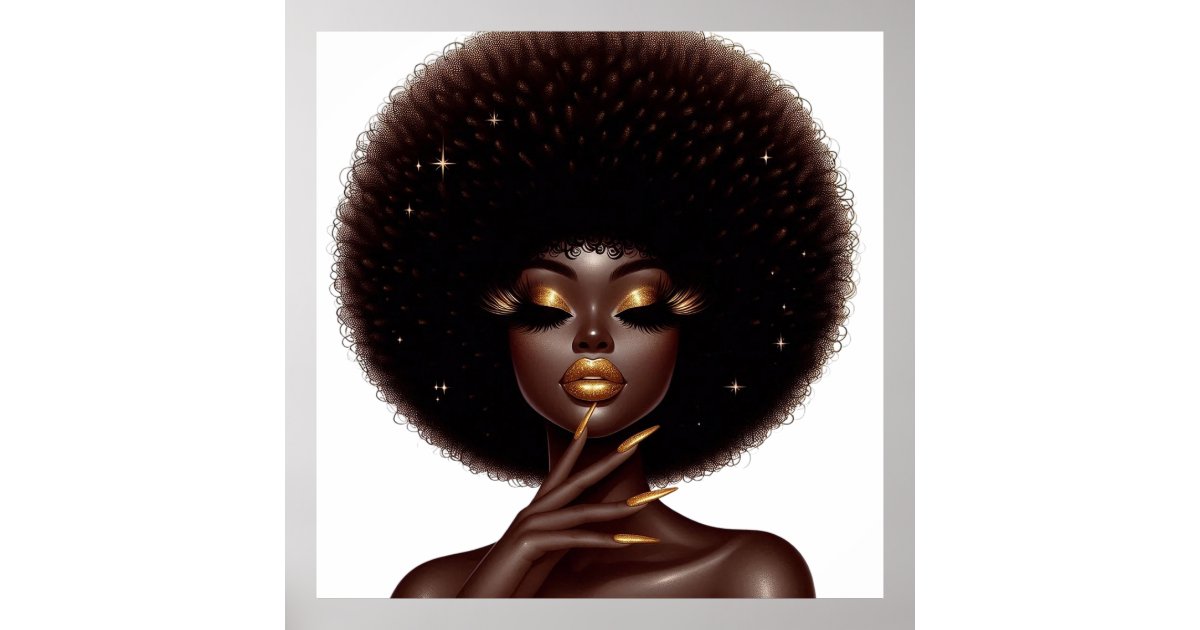 Melanin Chic Afro Beauty with Gold Accents Poster | Zazzle
