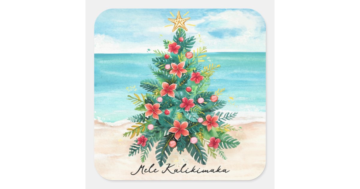 Mele Kalikimaka Tropical Beach Palm Tree Christmas Square Sticker | Zazzle