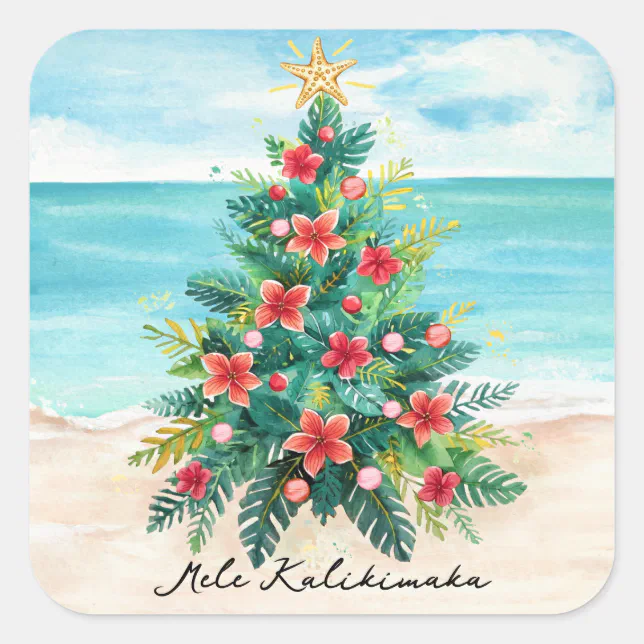 Mele Kalikimaka Tropical Beach Palm Tree Christmas Square Sticker | Zazzle