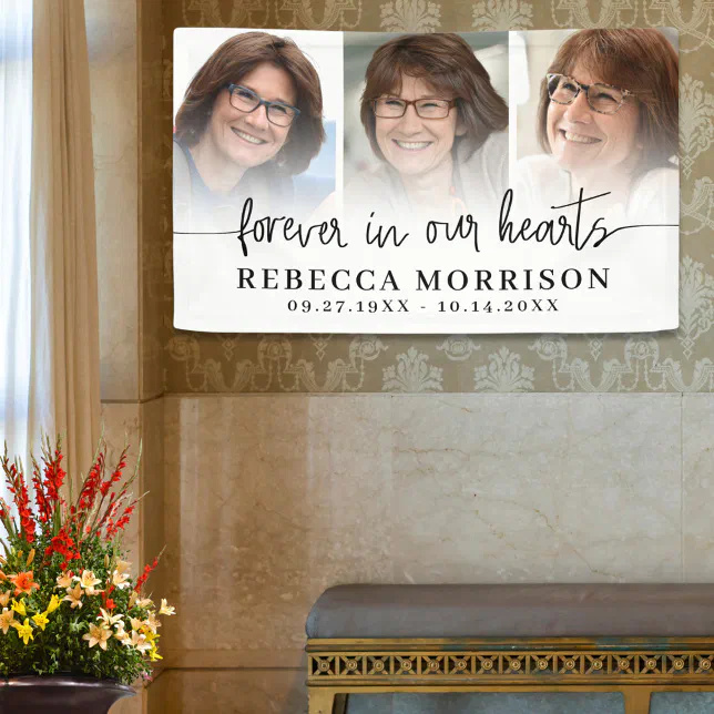 Memorial 3 Photos Script Forever In Our Hearts Banner | Zazzle