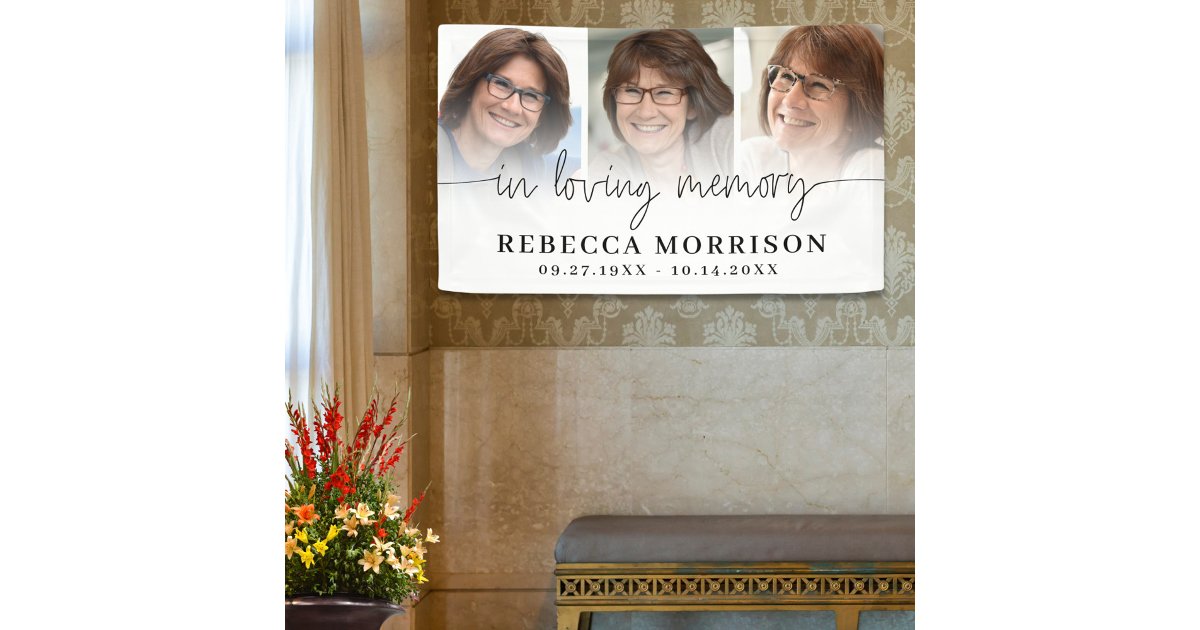 Memorial 3 Photos Script In Loving Memory Banner | Zazzle