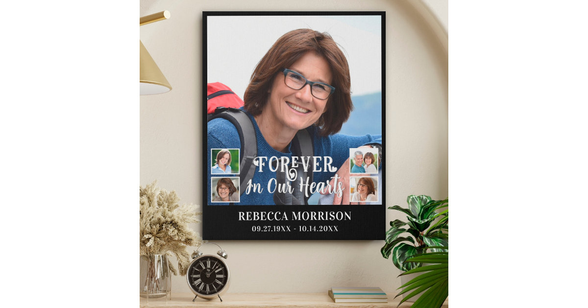 Memorial 5 Photo Modern Calligraphy Script Hearts Faux Canvas Print ...
