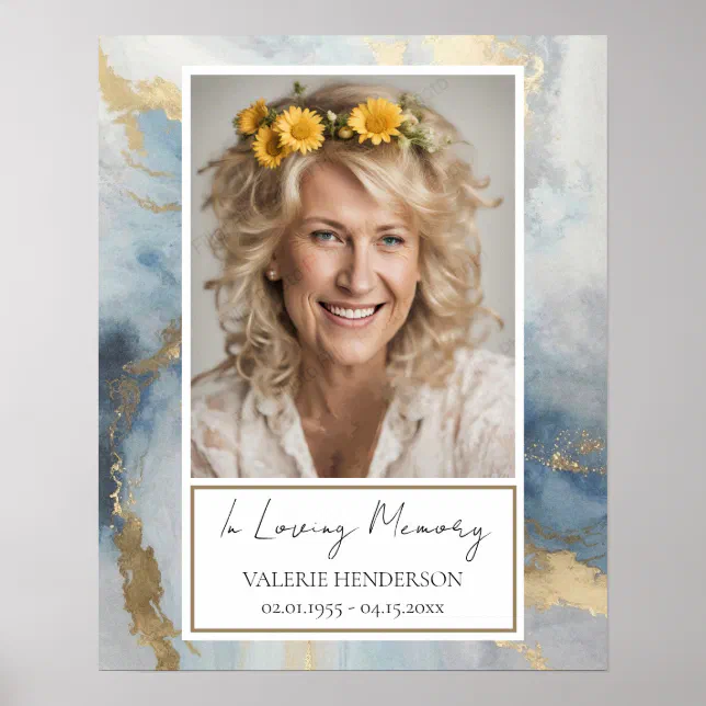 Memorial Blue and Gold Photo Funeral Welcome Poste Poster | Zazzle