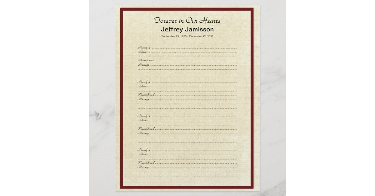 Memorial Book Filler Sign-In Page 4 Names per Page | Zazzle