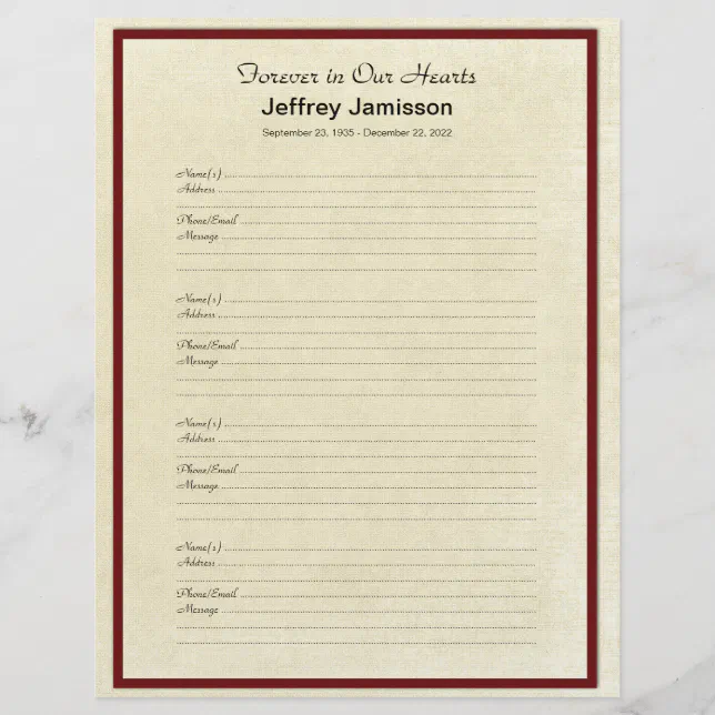 Memorial Book Filler Sign-In Page 4 Names per Page | Zazzle