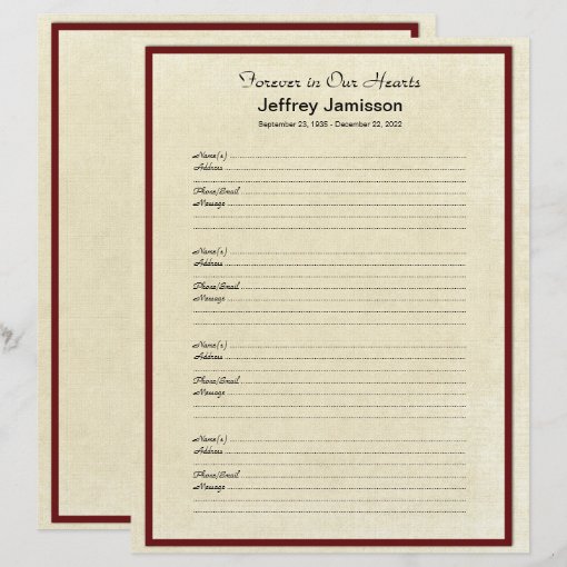 Memorial Book Filler Sign-In Page 4 Names per Page | Zazzle