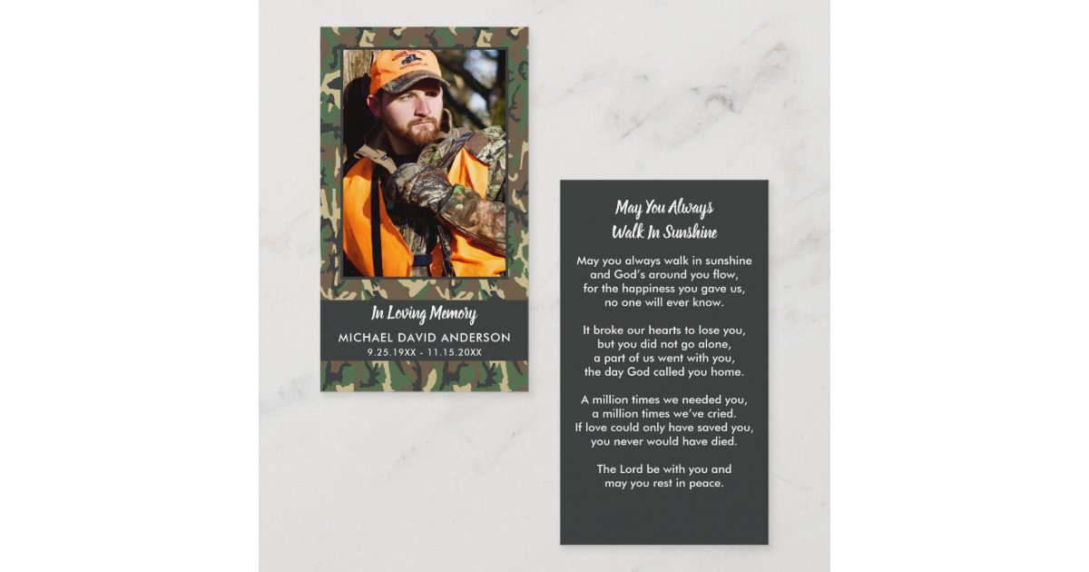 Memorial Camo Funeral Prayer Card Hunter Photo | Zazzle