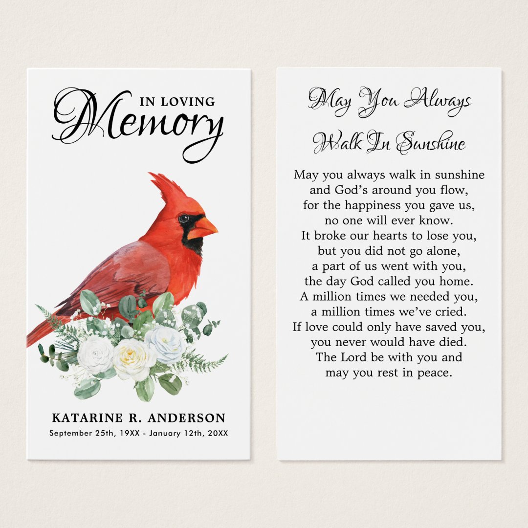 Memorial Cardinal Floral Roses Funeral Prayer Card | Zazzle