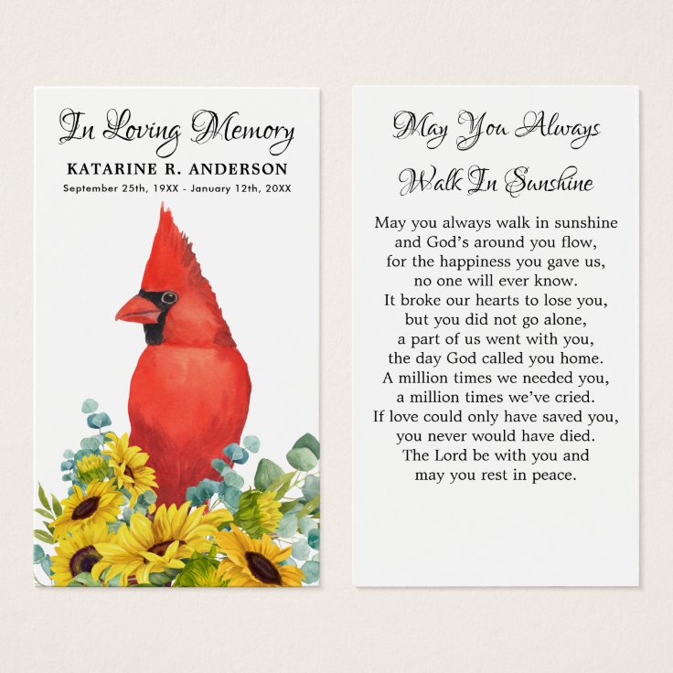 Memorial Cardinal Sunflowers Funeral Prayer Card | Zazzle
